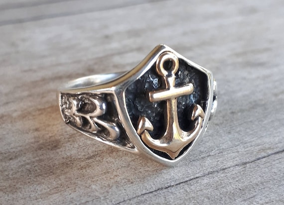 Anchor Ring9k Gold Anchor Ringtwo Tonesterling Silver - Etsy