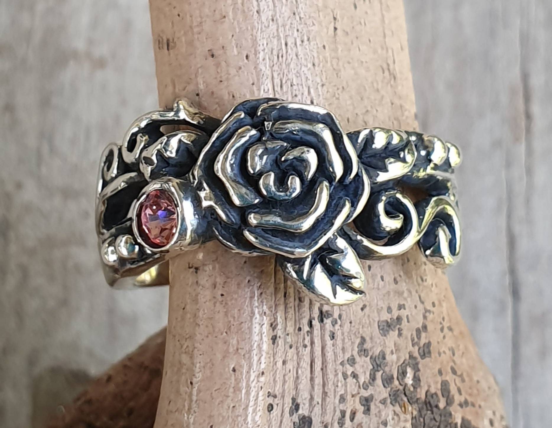 Rose ringsterling silverpink crystalflowerboho | Etsy