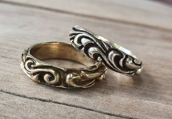 Gold Thick Antique Band chunky Brass Stacker Ring handmade vintage Scroll victorian Pattern Ring Wedding Ring solid Band Etsy