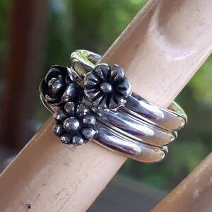 Stacker Rings,sterling Silver,3 Set,flower Ring,rose Ring,chunky Band ...