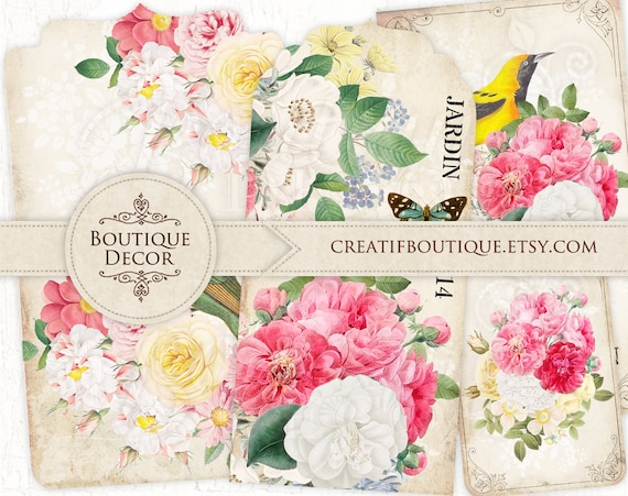 Digital Summer Bright Colors Vintage Flower Bouquets Tags. | Etsy