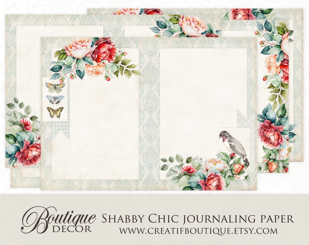 Shabby Chic Digital Journal Paper. A4 Portrate Mode. Set of 5. Floral ...