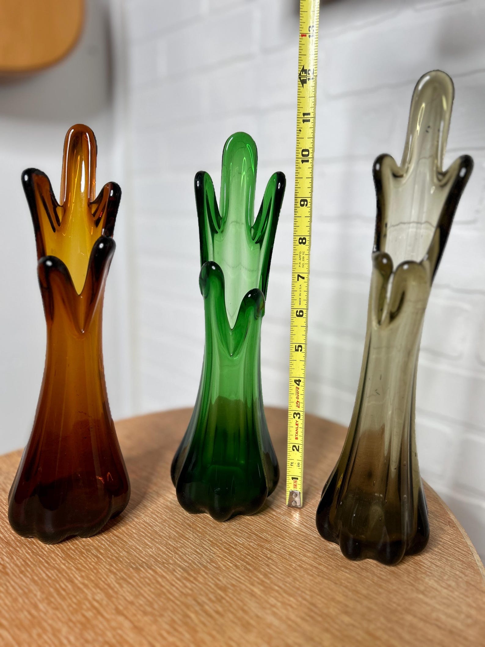 Vintage MCM Swung Glass 3 Vases Emerald Green, Amber, Gray Tan - Etsy
