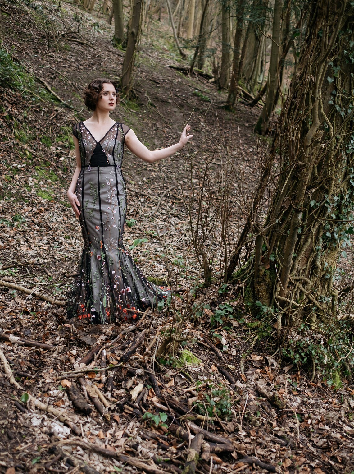 Black Embroidered Tulle Mermaid Dress With Coloured Flowers, Over a ...