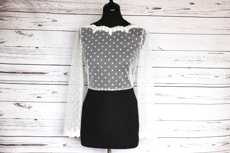 Ivory Bridal Polka Dot Tulle Top Overlay With Floral Lace Trim, Boat ...