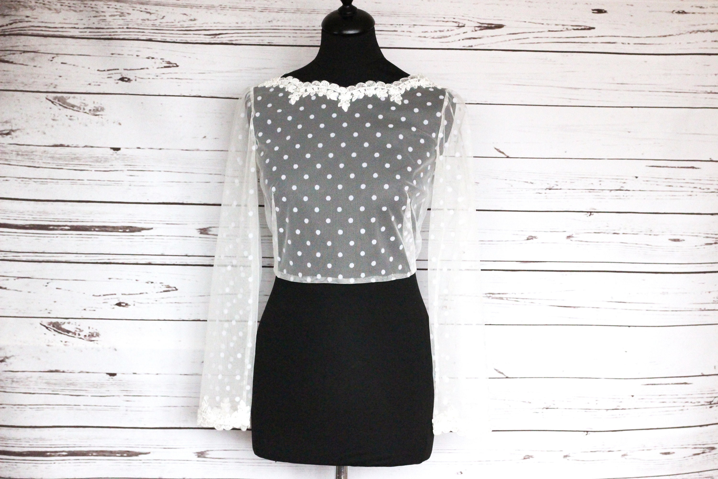 Ivory Bridal Polka Dot Tulle Top Overlay With Floral Lace Trim, Boat ...