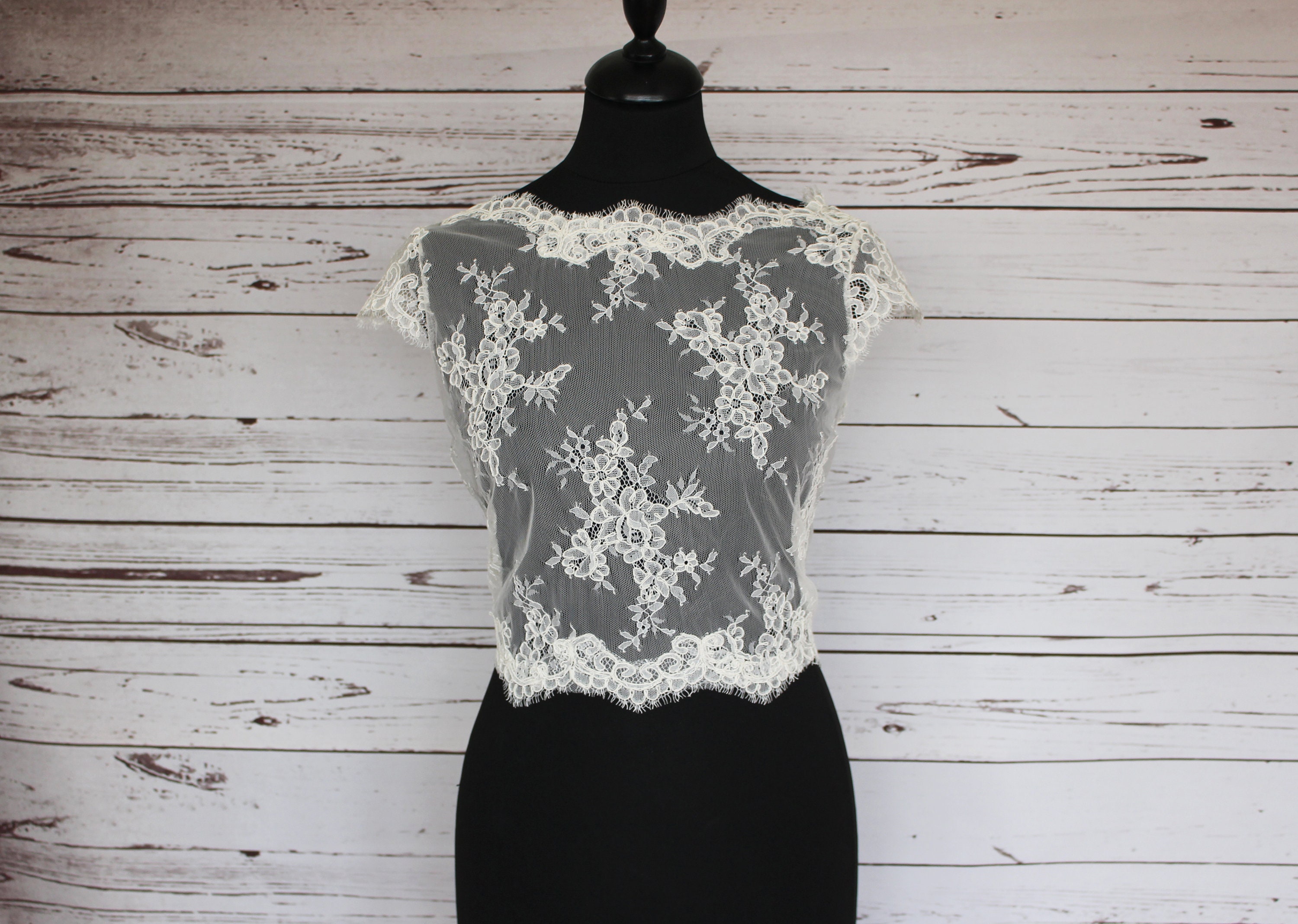 Ivory Bridal Lace Top Overlay, Boat Neck, Cover Up, Button Back Wedding ...