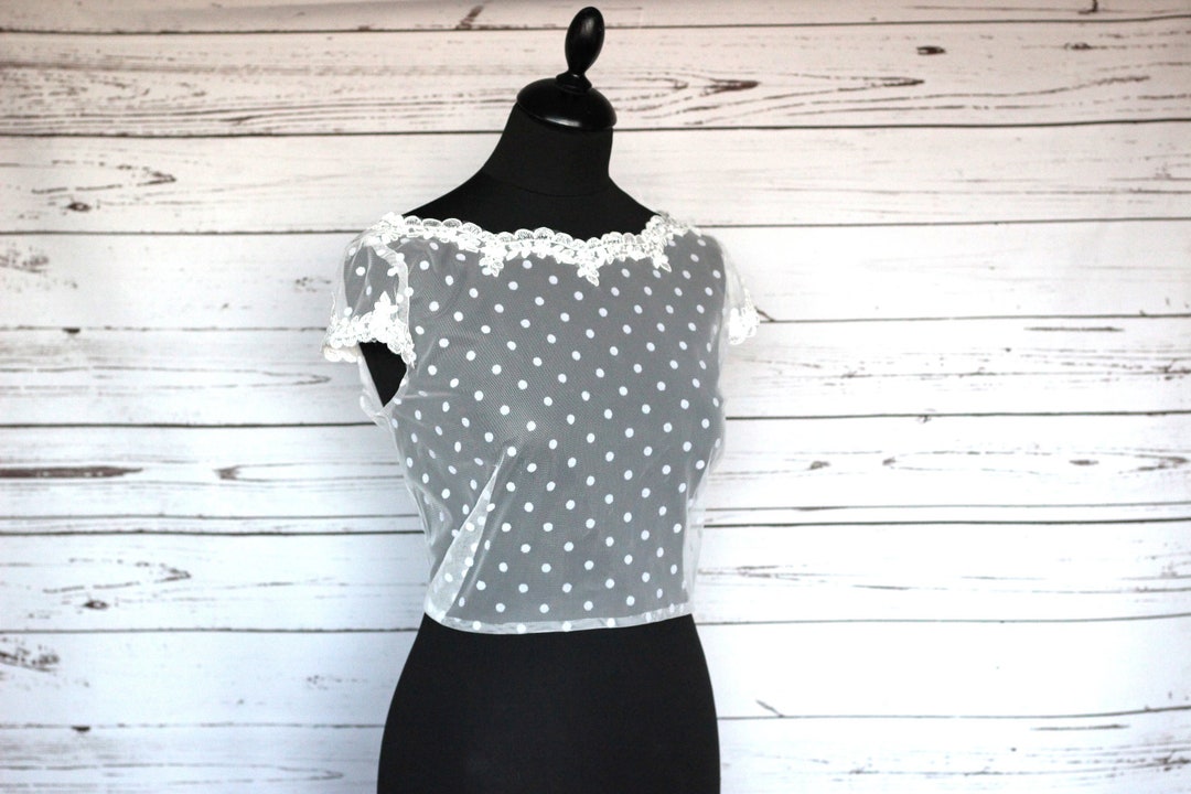 Ivory Bridal Polka Dot Tulle Top Overlay With Floral Lace Trim, Boat ...
