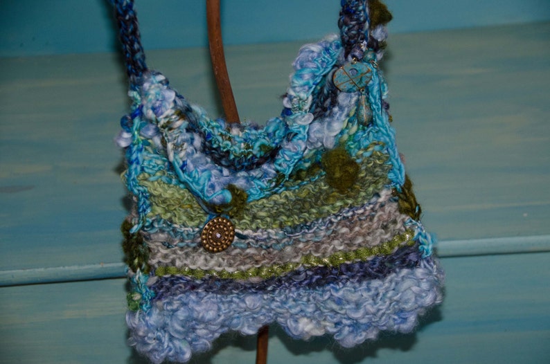Knit Art Yarn Purse *blue Green and Turquise * Hand Spun Chunky Wool ...