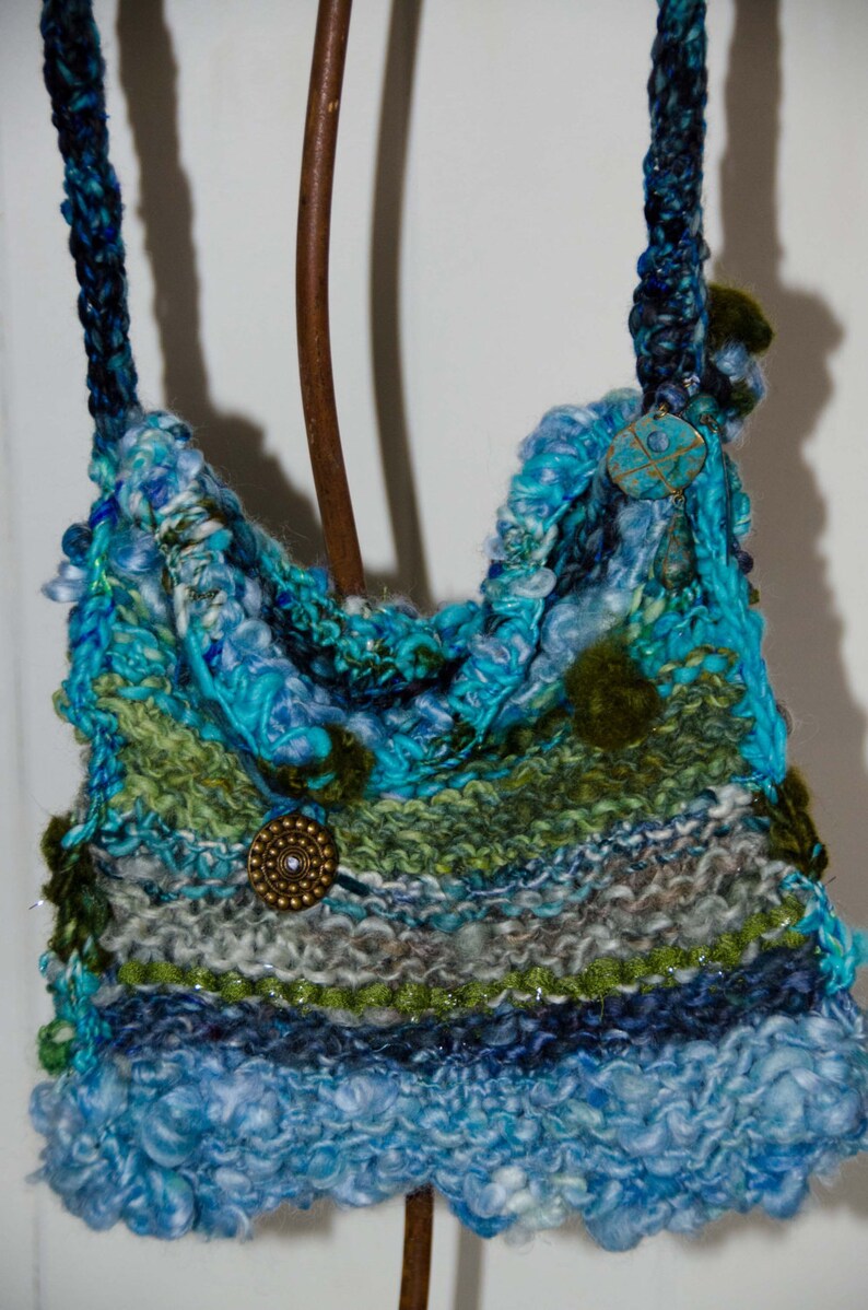 Knit Art Yarn Purse *blue Green and Turquise * Hand Spun Chunky Wool ...