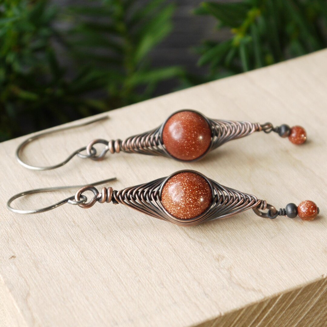Brown Goldstone Copper Wire Herringbone Dangle Handmade Earrings ...