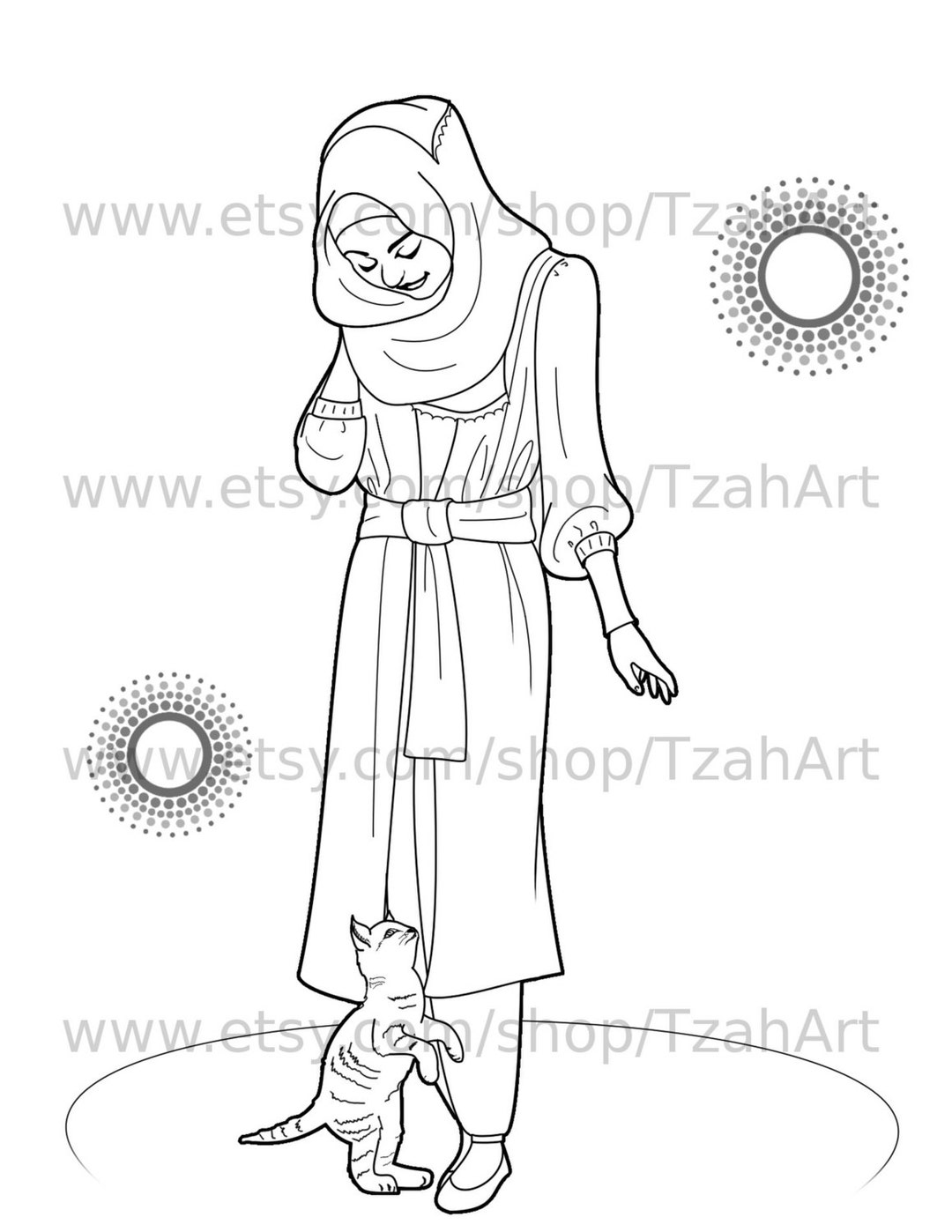 Muslim Hijabi Coloring Book Page Digital Download Muslimah Lady And Kitten Etsy