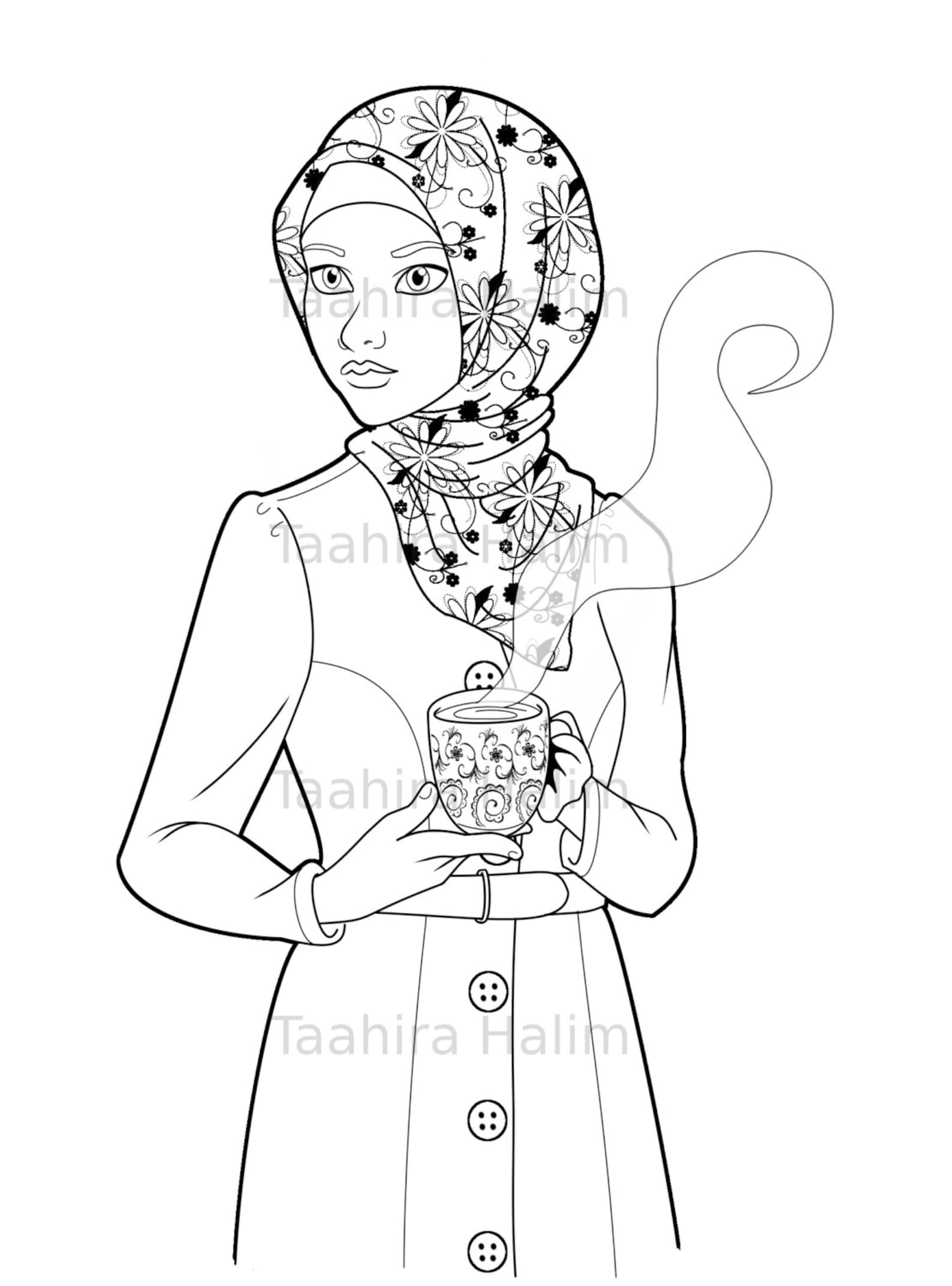 Muslim Hijabi Coloring Book Page Download - Muslimah Lady With Mug - Etsy