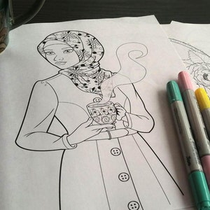 Muslim Hijabi Coloring Book Page Download - Muslimah Lady With Mug - Etsy
