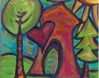 Happy Home With Trees, Colorful Art Print With Pink Heart and Pine Tree ...