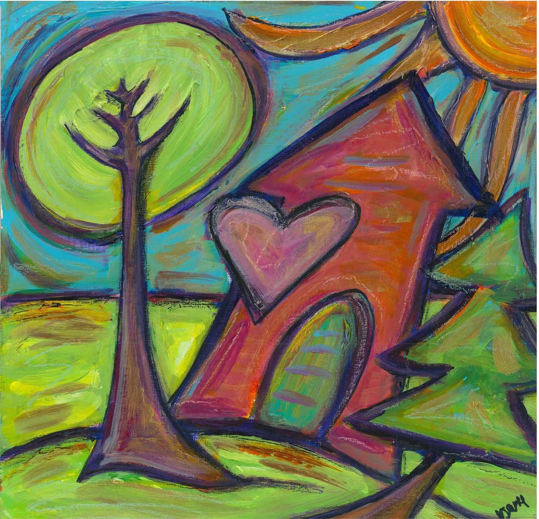 Happy Home With Trees, Colorful Art Print With Pink Heart and Pine Tree ...