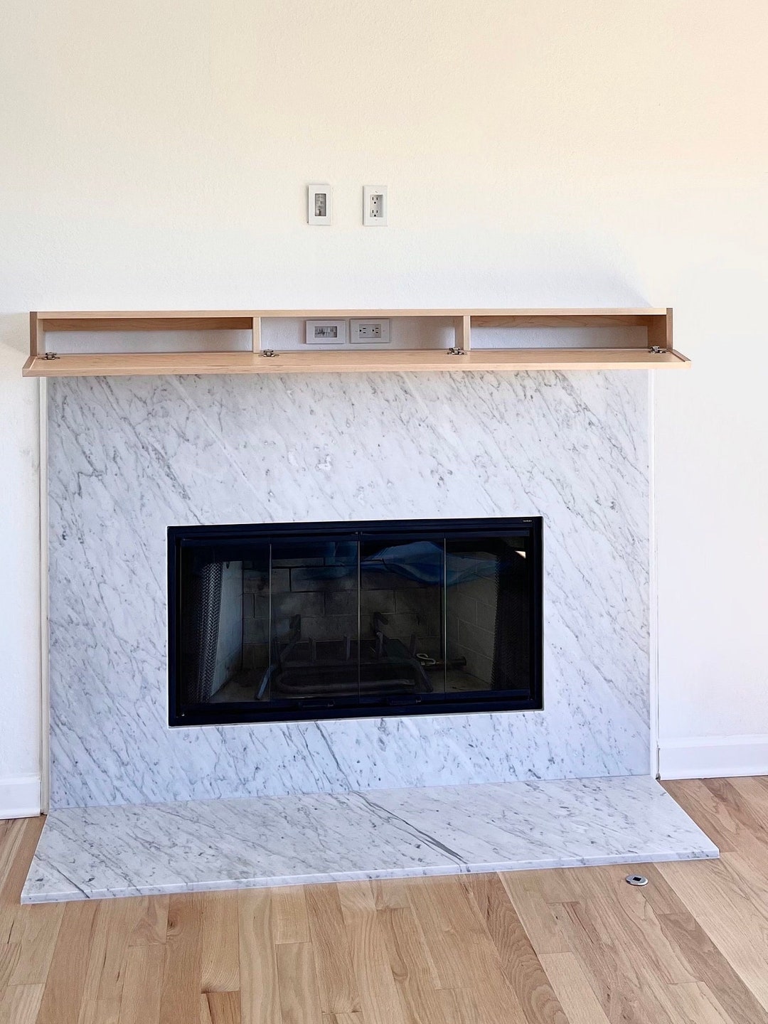 Modern Maple Fireplace Mantel With Drop Front Shelf, Hidden Storage ...