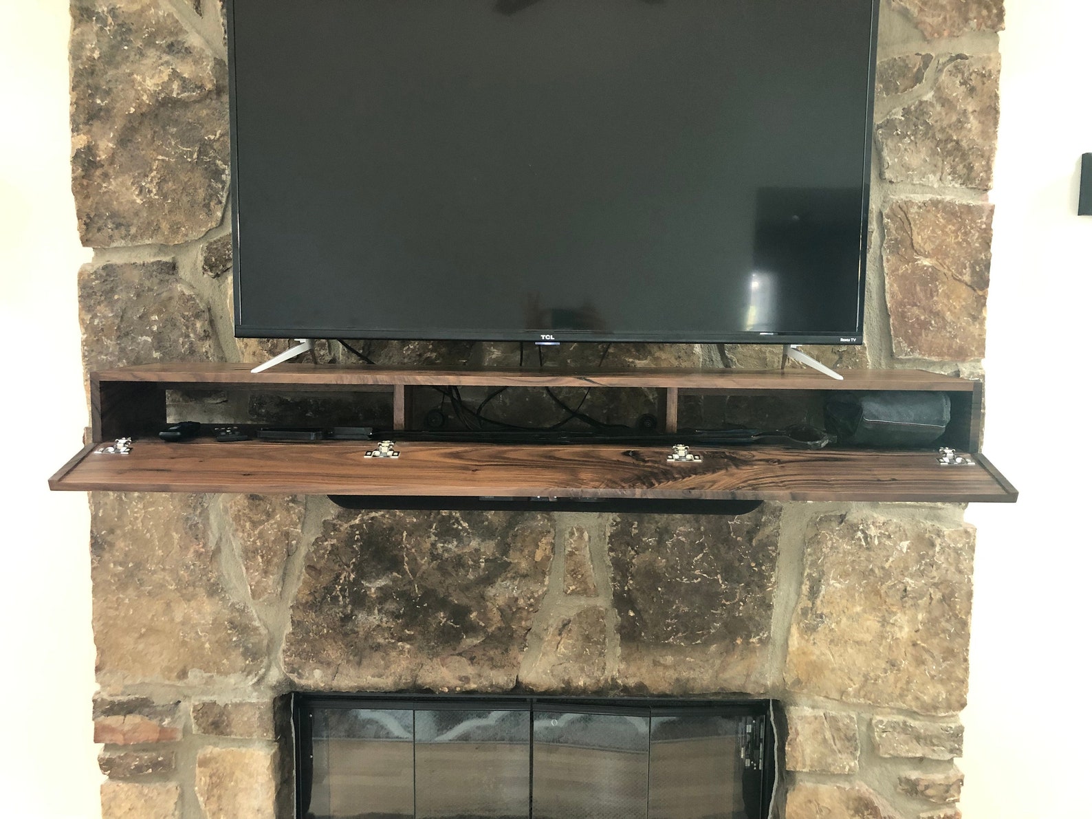 Walnut Fireplace Mantel With Hidden Media Storage, Knotted Wood Beam ...