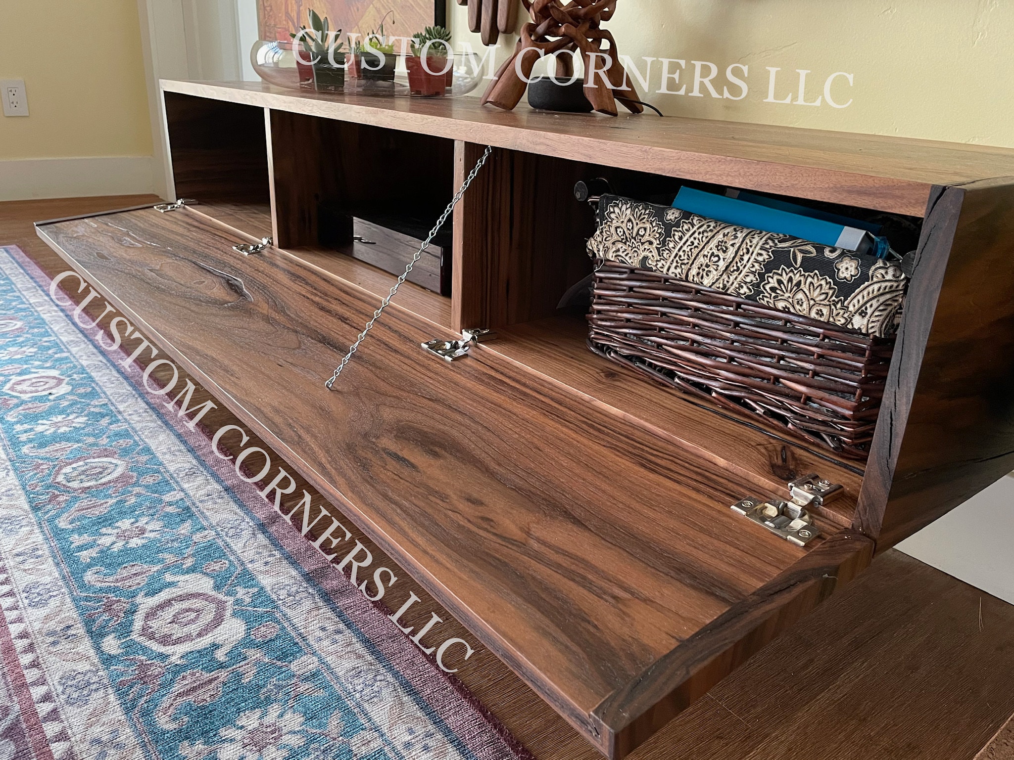 Knotted Walnut Floating Entertainment Center, Hidden Storage Media ...