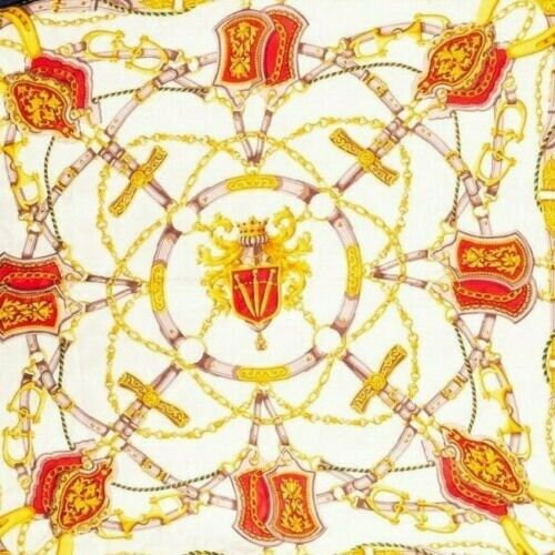 Large Designer Vintage Navy Blue White & Gold Regal Chain Pattern Silk ...