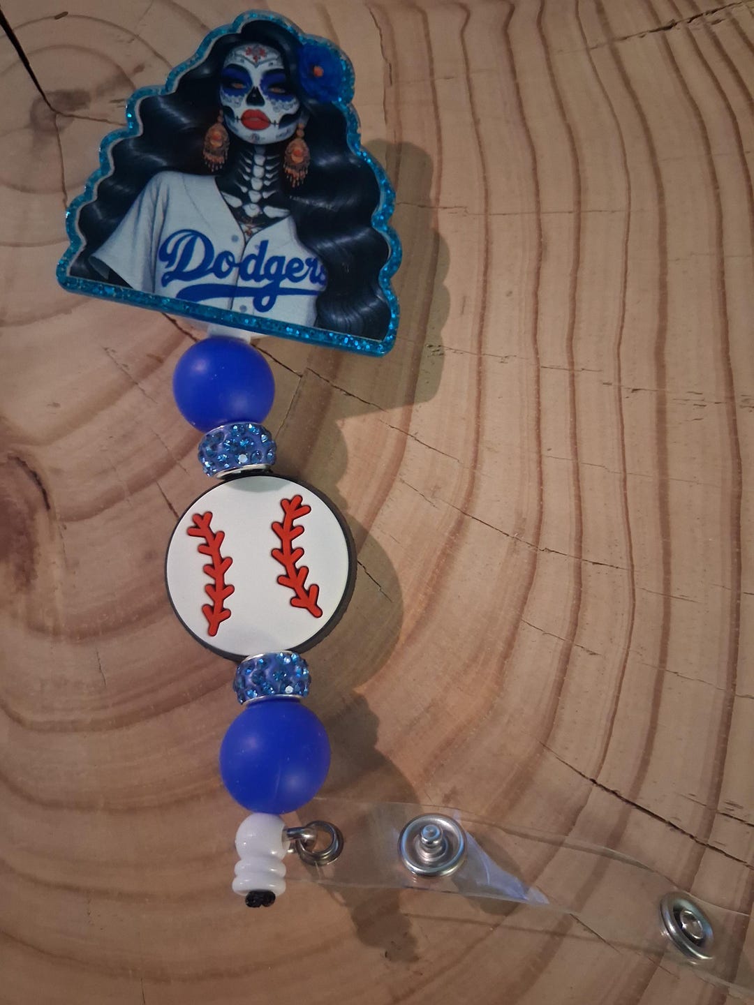 Woman Sugar Skull Dodgers Themed Baseball Blue White Gothic Punk Badge ...