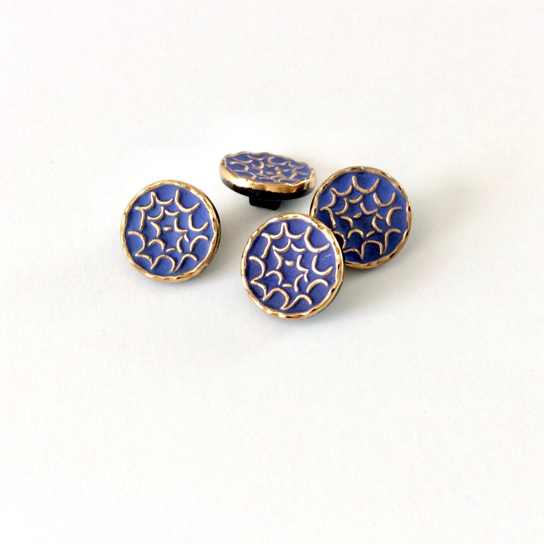 4 Cobalt Blue Buttons Painted on Black Glass With Shiny Gold Trim ...