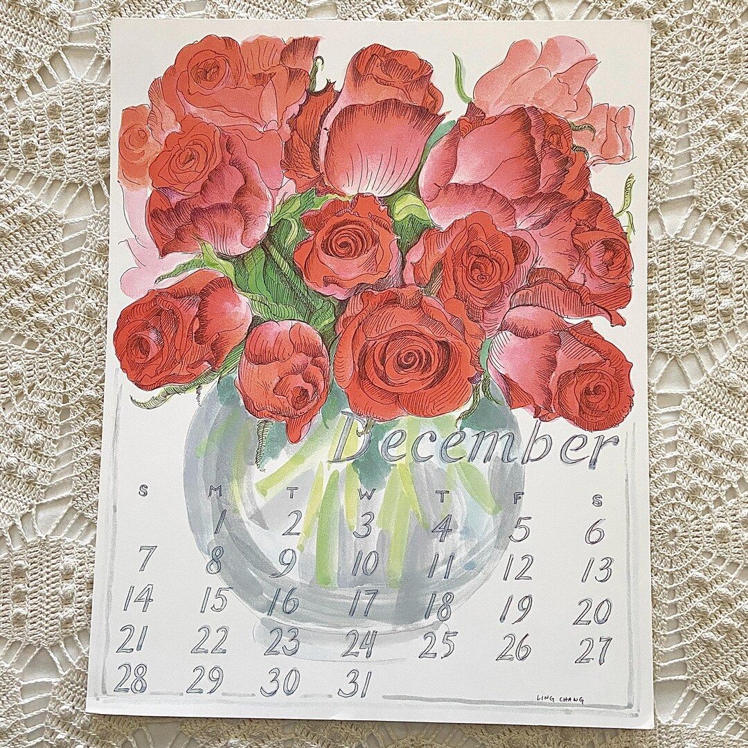 One Ling Chang December Red Roses Calendar Art Print, 11x14, No ...