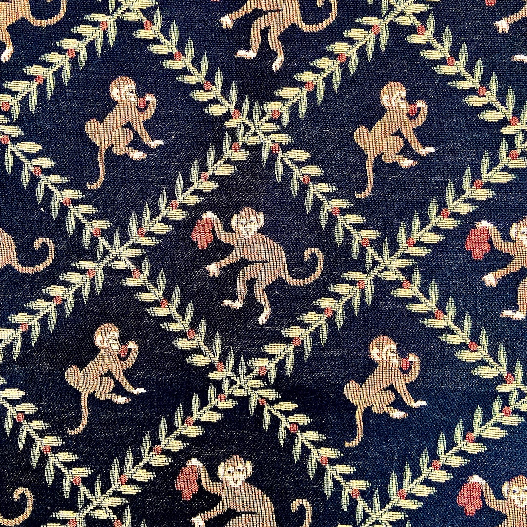 Upholstery Fabric Theme Playful Monkeys in Floral Trellis Grid, Black ...