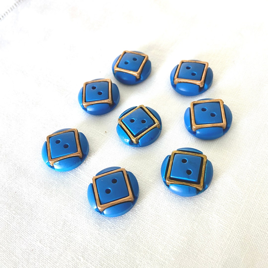 8 Cobalt Blue Buttons Round With Gold Square Inserts, Two Holes for ...
