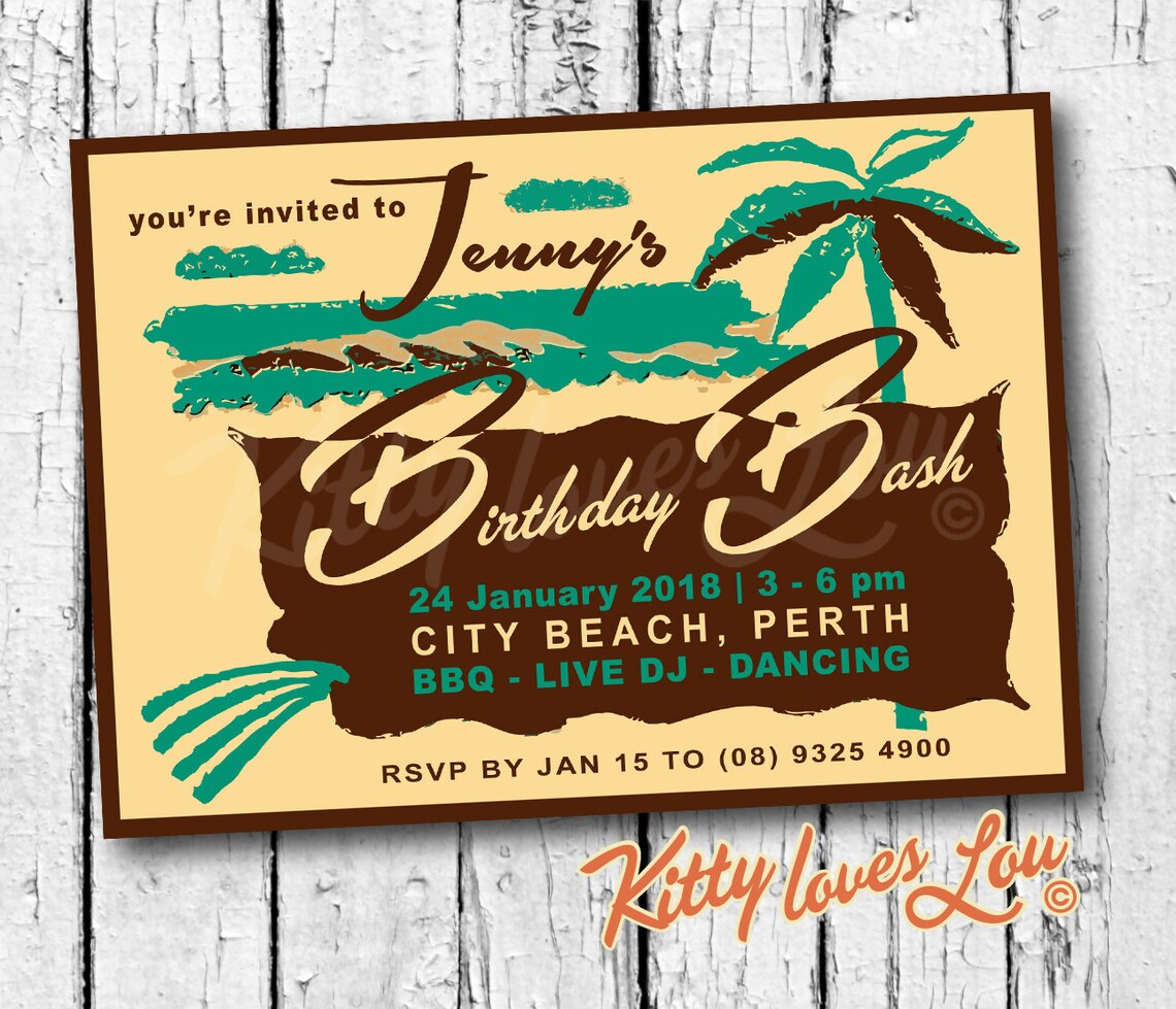 PRINTABLE BIRTHDAY Party Invitation Invite Digital PDF Retro Tropical ...