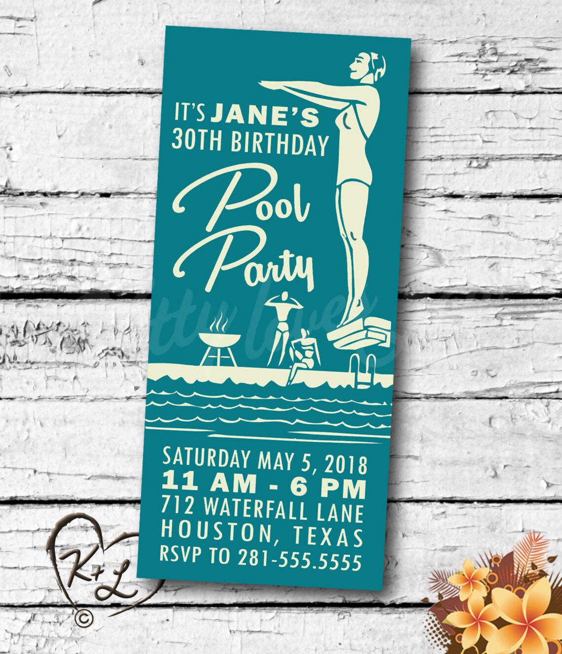 PRINTABLE Invitation Retro Pool Party Digital PDF BBQ Card - Etsy