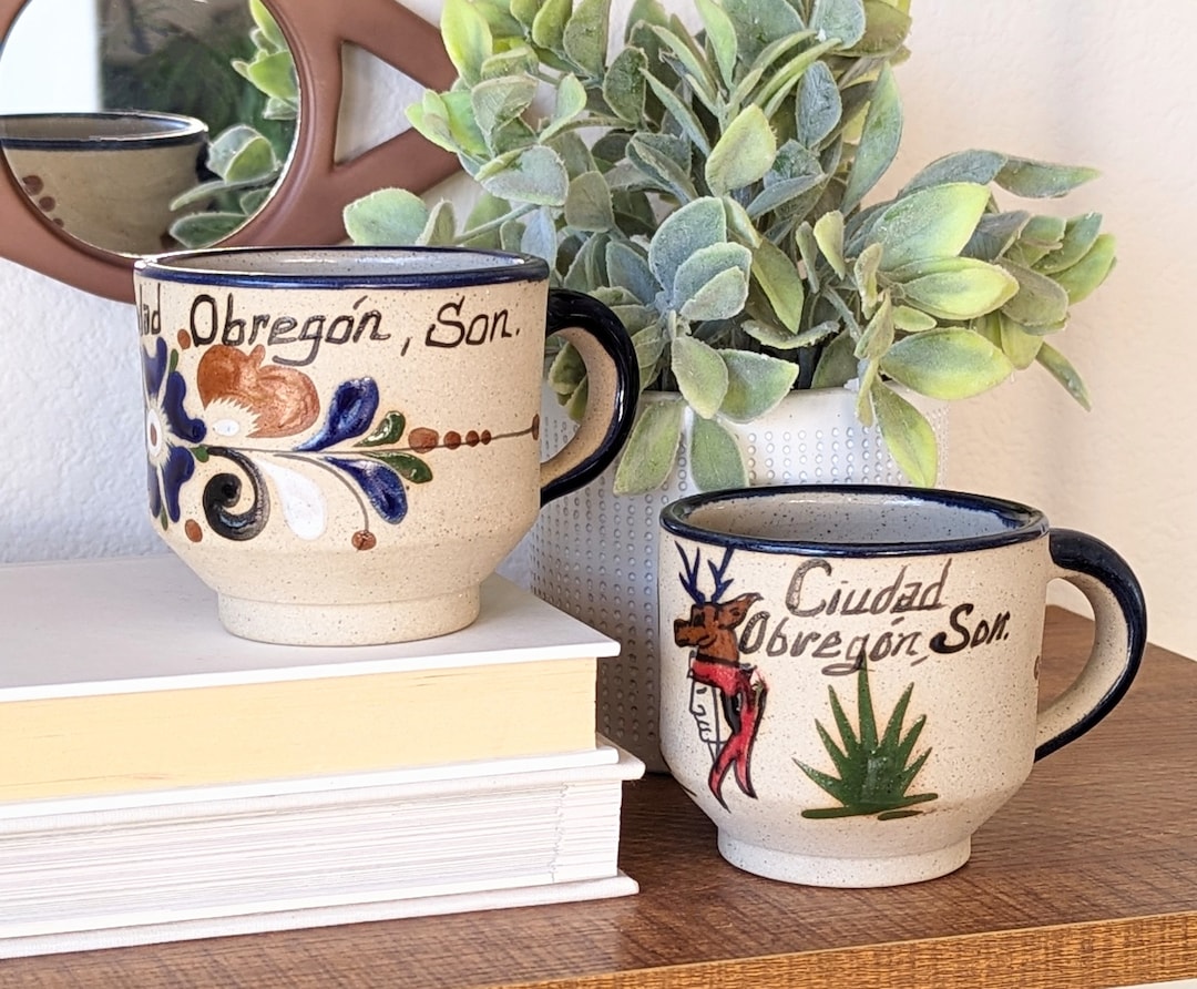 Set of 2 Mexican Pottery Mugs Sandstone Coffee Tea Large Each 16 Oz ...
