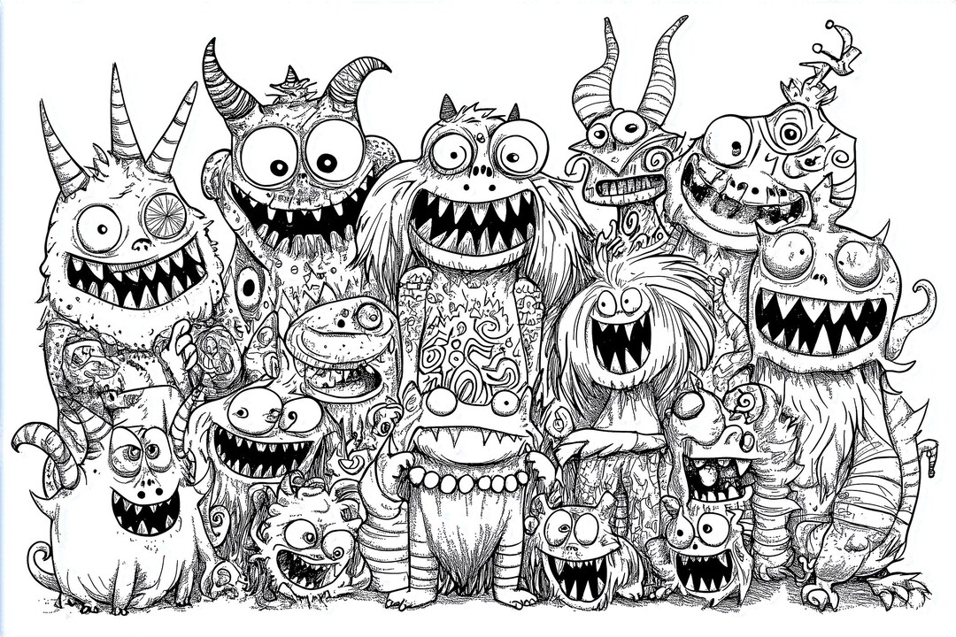 5 Pages of Fun Monsters Coloring Digital Print Activity 11 in X 8.5 In ...