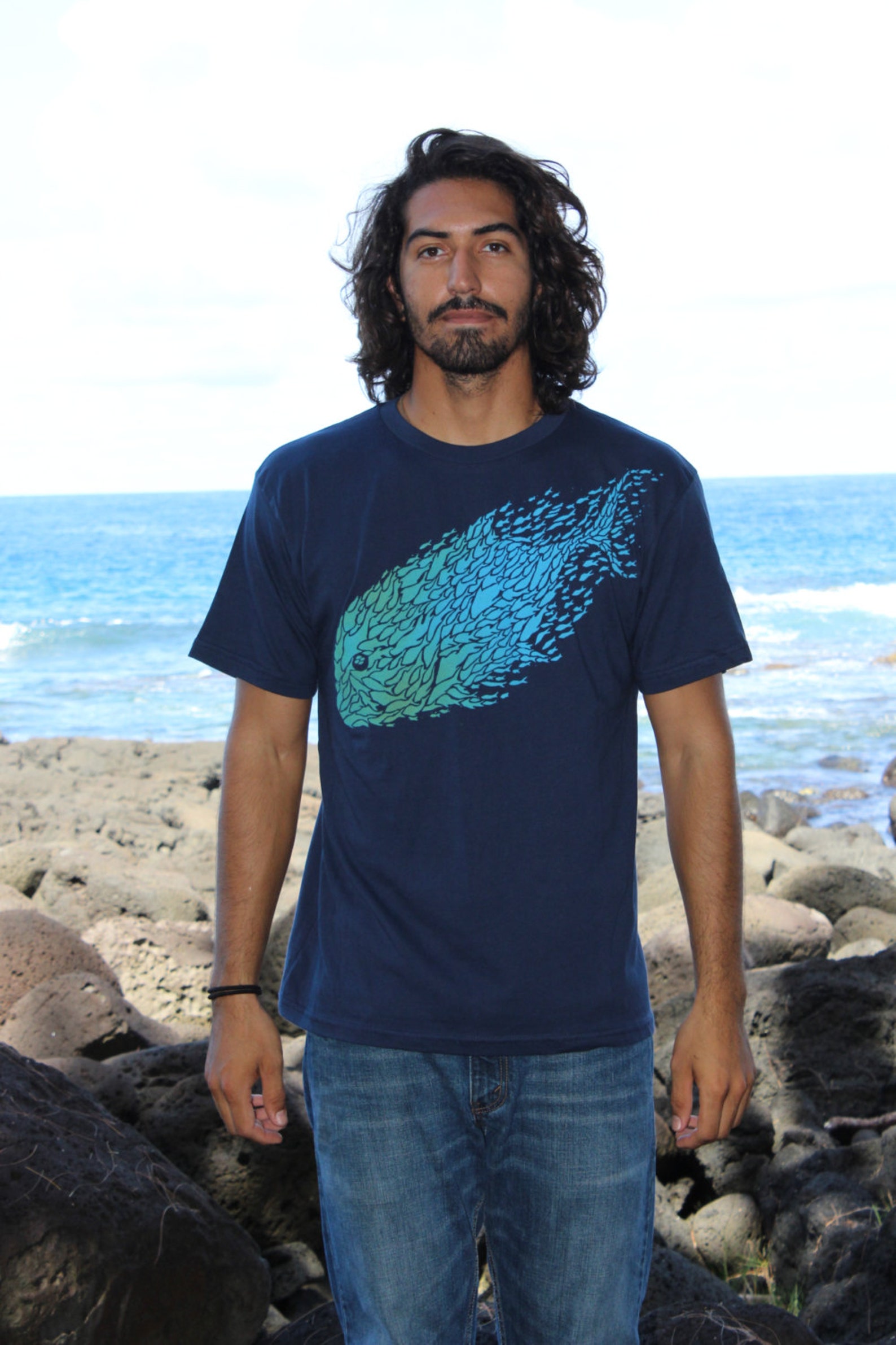 Ulua School of Fish Shirt Blue/gold Screen Print on Soft | Etsy