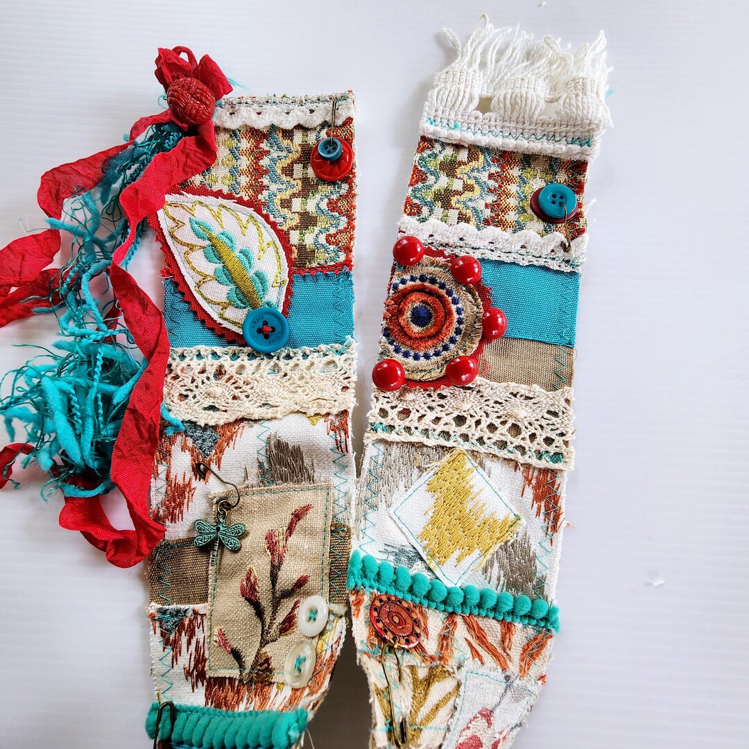 Boho Red and Turquoise Snippet Strip, 26" Textile Art Strip, Junk ...