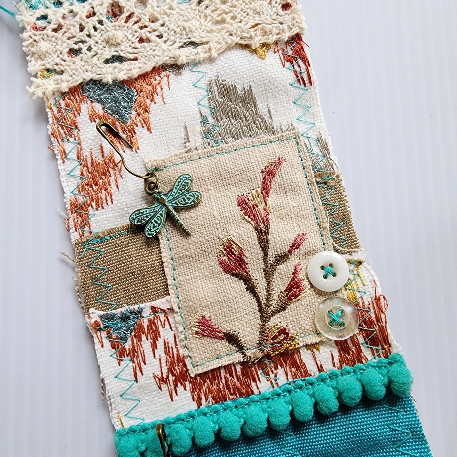 Boho Red and Turquoise Snippet Strip, 26" Textile Art Strip, Junk ...