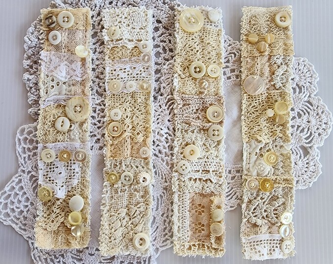 Set of 4 Lace and Buttons Snippet Strips, Neutral Junk Journal ...