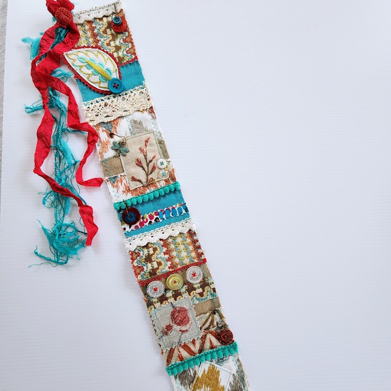 Boho Red and Turquoise Snippet Strip, 26" Textile Art Strip, Junk ...