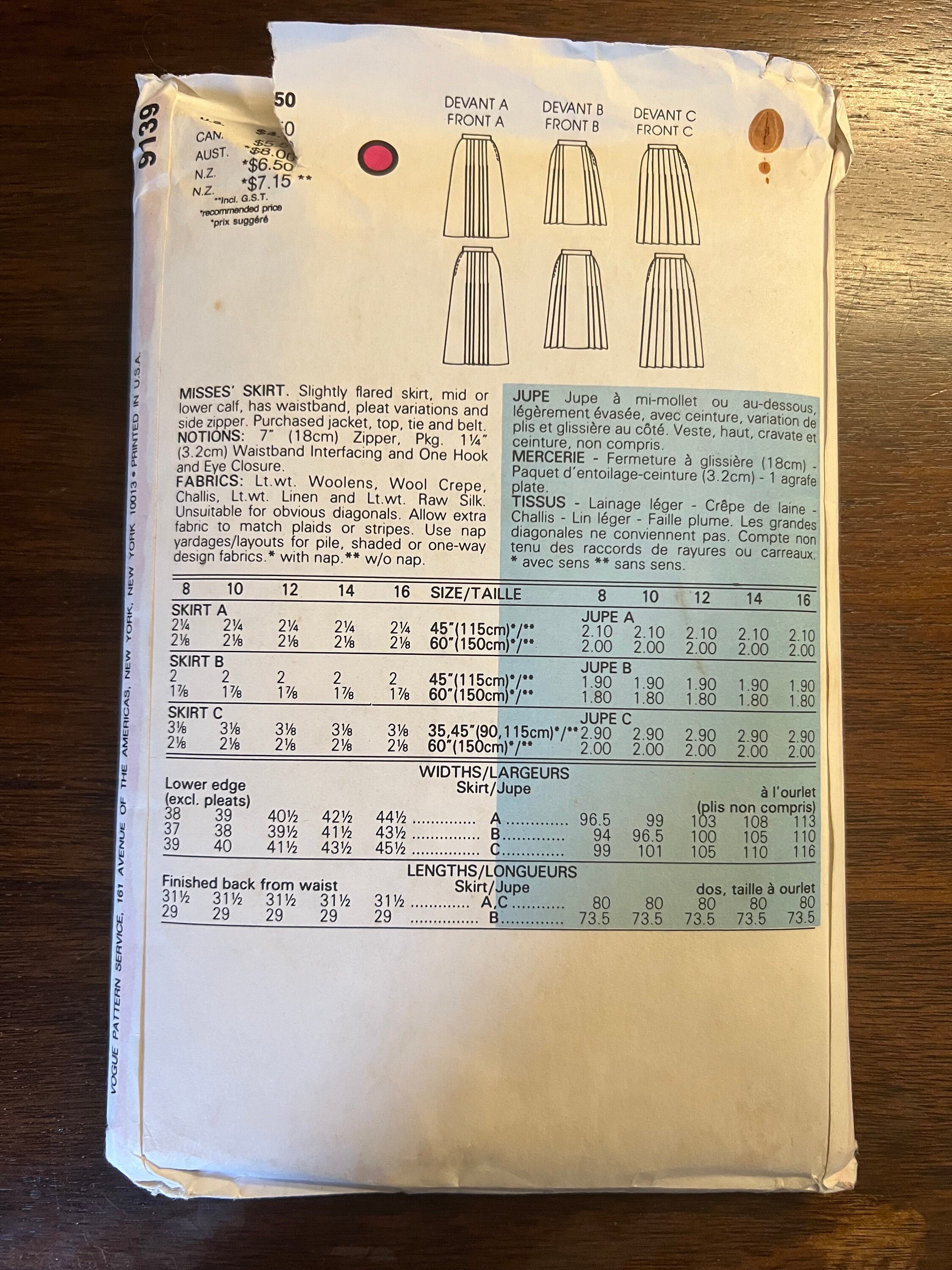 Vogue 9139 Pleated Front Skirt, 1980's - Etsy