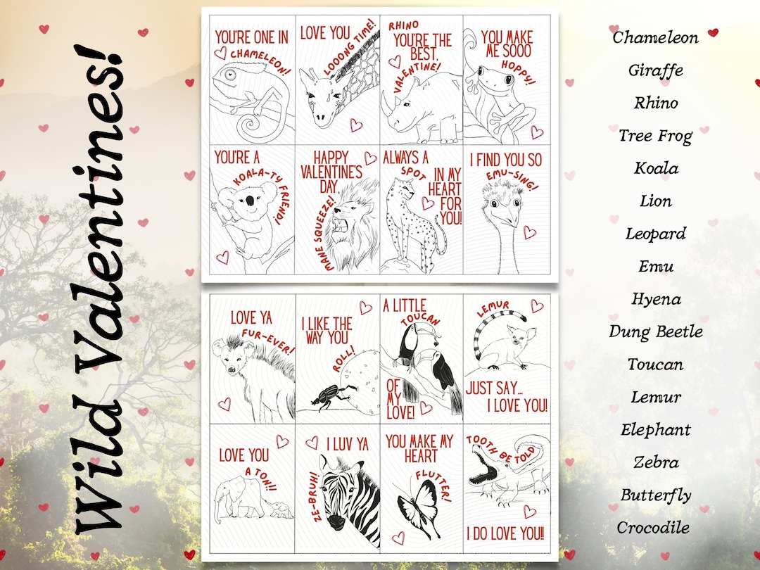 Animal Pun Valentine Cards | DIY Coloring, Kids Classroom (instant ...