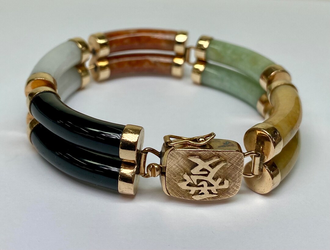 Vintage Multi Color Jade Five Link and 14K Yellow Gold Clasp Bracelet ...