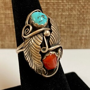 Vintage Native American Signed by R. Brown Turquoise and Coral Ring ...
