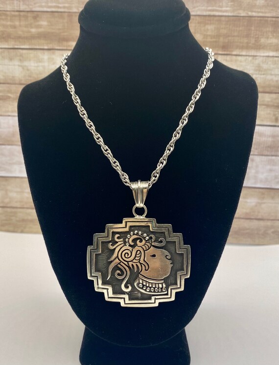 Large Vintage 950 Mexico Silver Aztec Warrior Pendant… - Gem