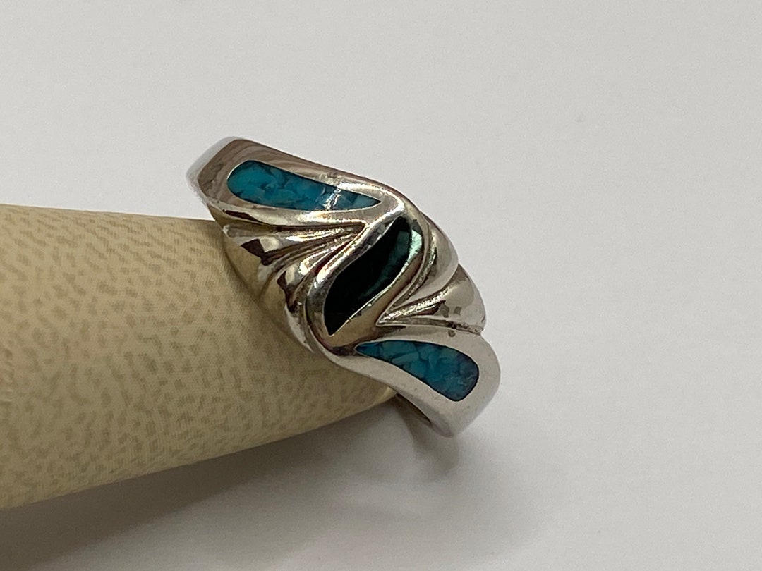 Vintage COP Silver Toned Ring With Inlay Blue/green Turquoise and Black ...