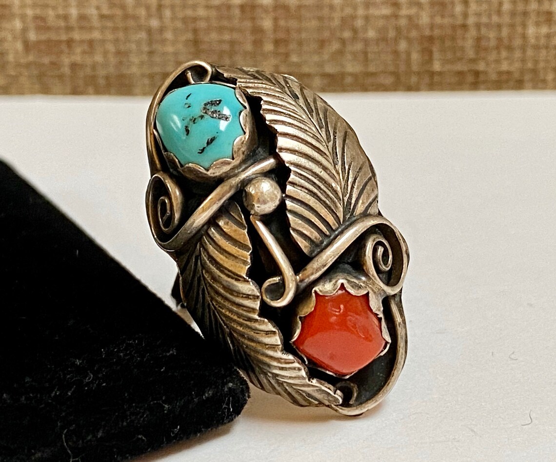 Vintage Native American Signed by R. Brown Turquoise and Coral - Etsy
