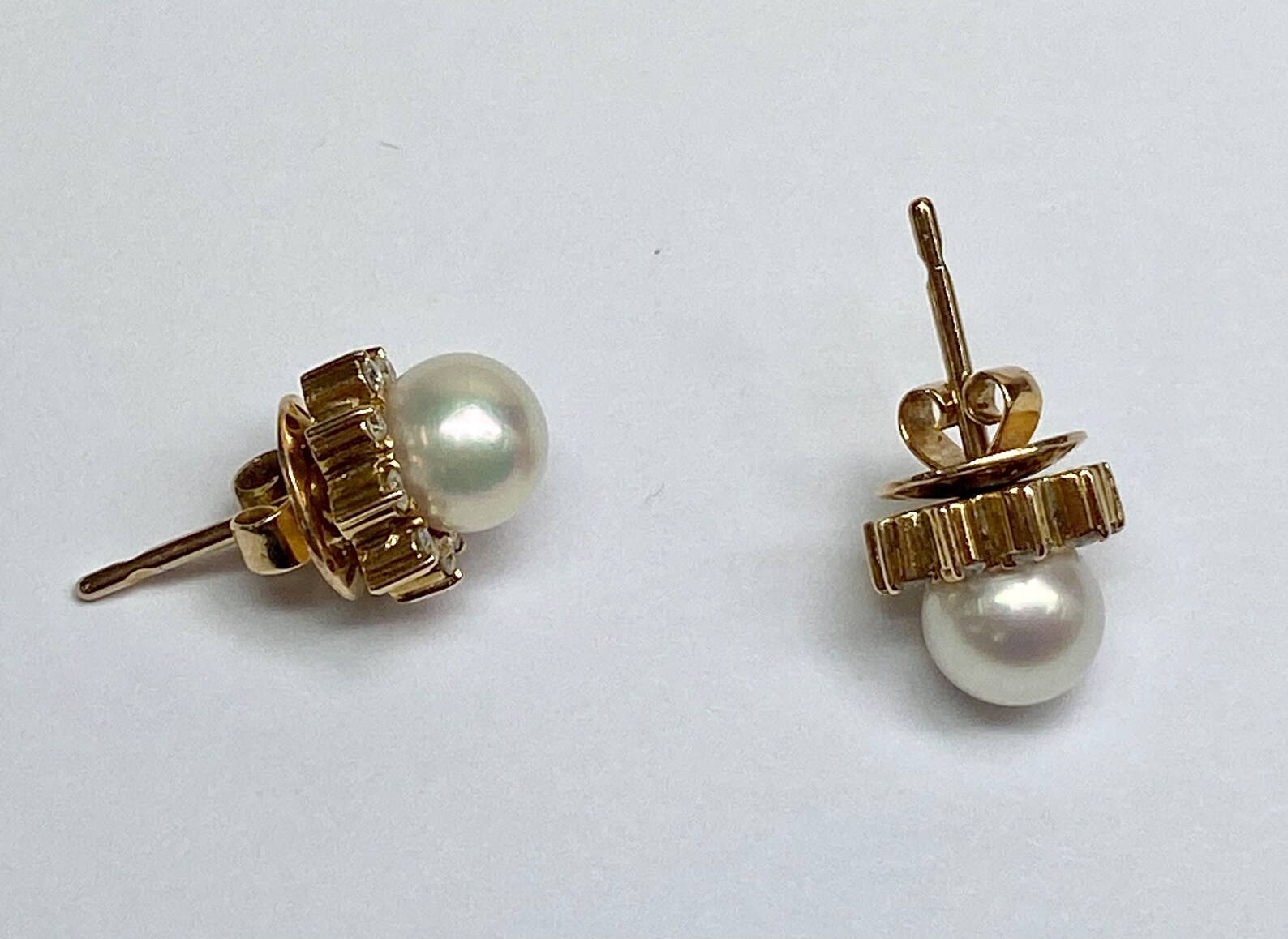 Estate 14K Yellow Gold Diamond Sleeve and White Pearl Stud Earring Set ...