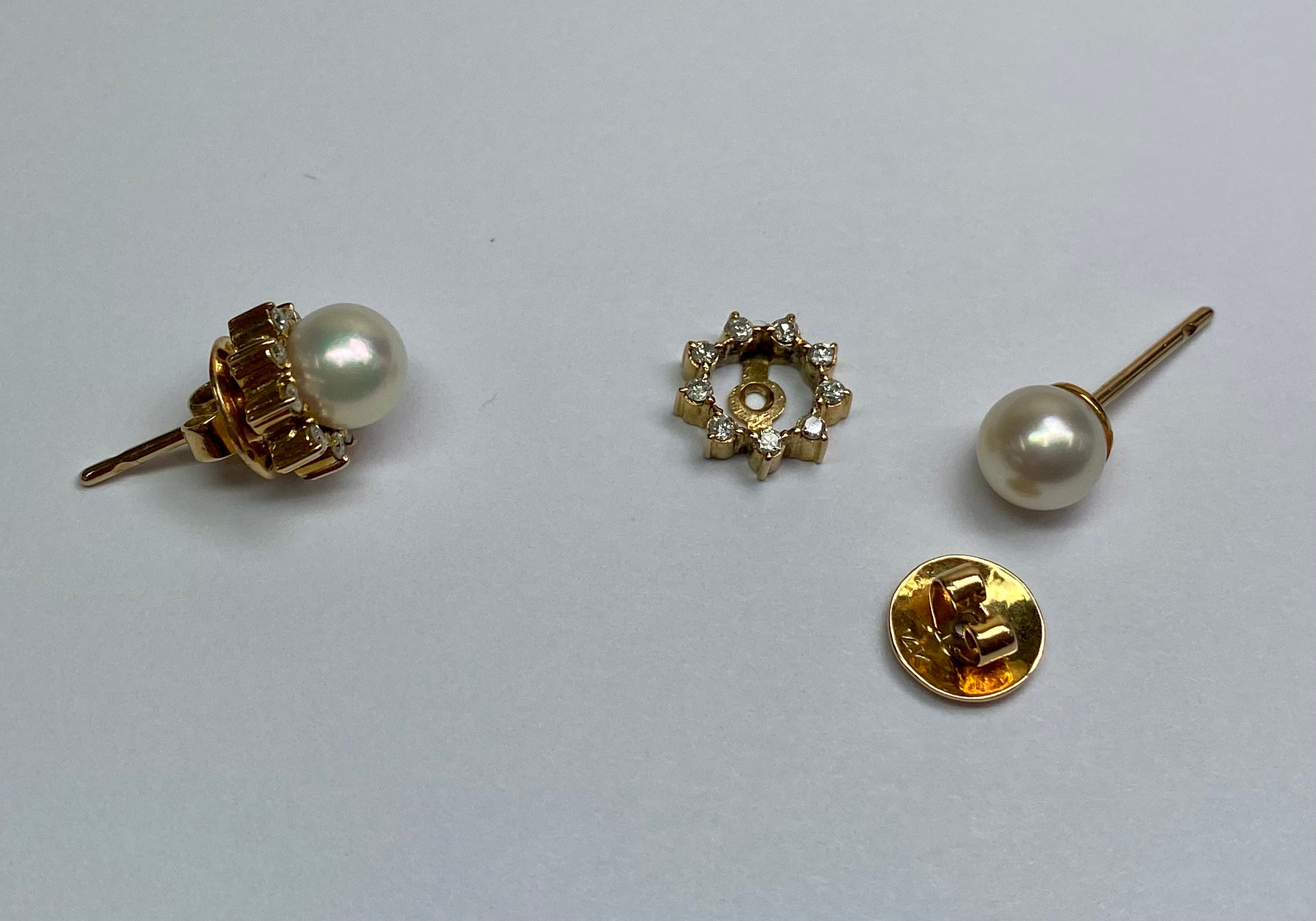 Estate 14K Yellow Gold Diamond Sleeve and White Pearl Stud Earring Set ...