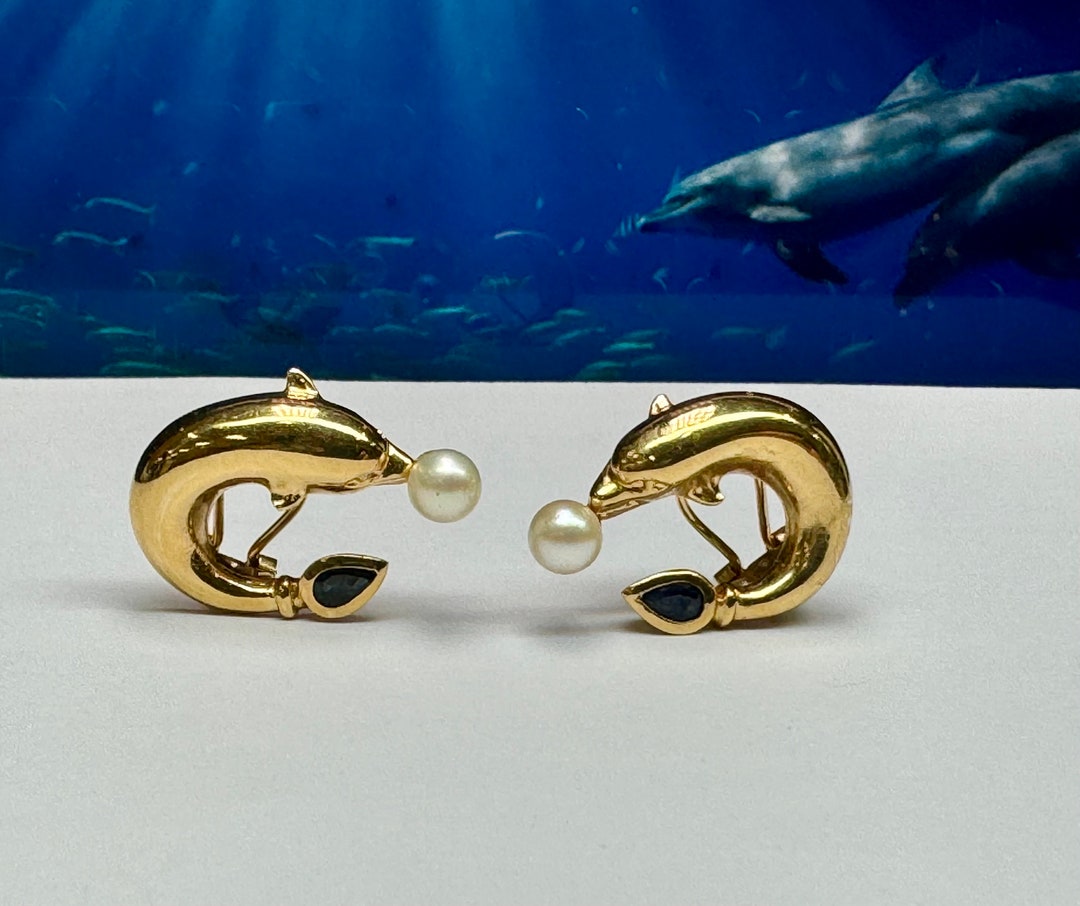 Estate 750 18K Yellow Gold With Sapphire and White Pearl Dolphin ...