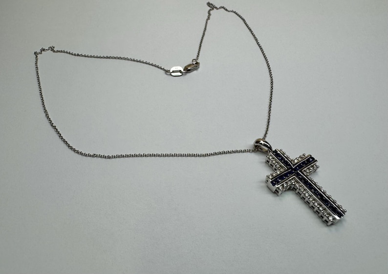 Elegant Blue Sapphire & Diamond Cross Pendant in 14K White Gold ...