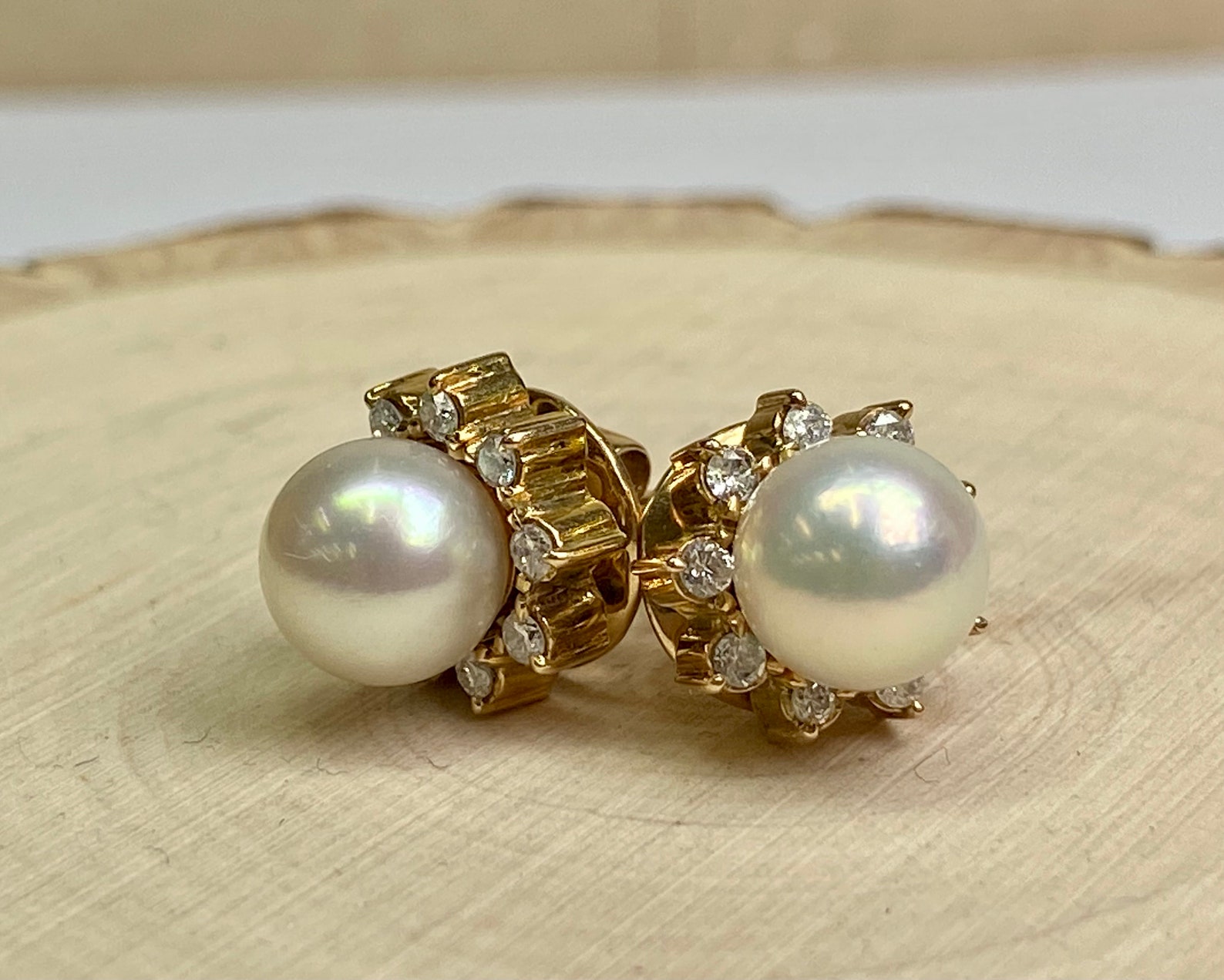 Estate 14K Yellow Gold Diamond Sleeve and White Pearl Stud Earring Set ...